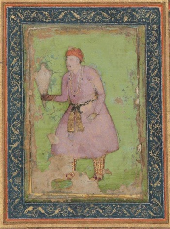 A Mughal portrait of Akbar the Great r. 1556-1605 and a falcon by ...