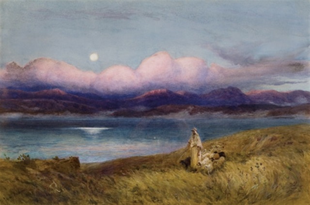 Sunset, pascal moon rising over Sea of Galilee by Henry Andrew Harper ...