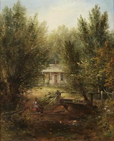 Landscape with two figures collecting water from a stream, a cottage beyond by Alfred Wordsworth ...