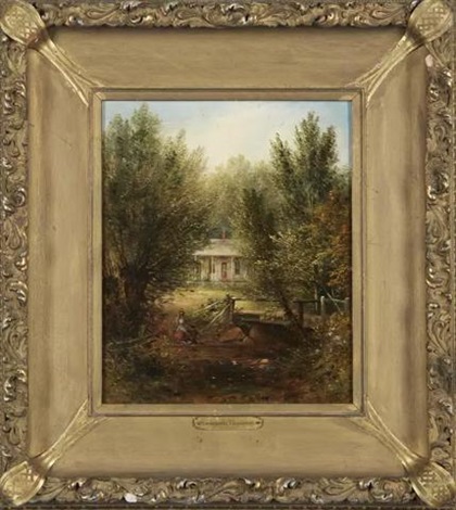 Landscape with two figures collecting water from a stream, a cottage ...