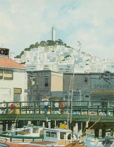 The Golden Gate Bridge, Coit Tower, and Fishermans Wharf a group of ...