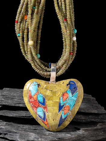 Fourteen-strand Necklace and Reversible Mosaic Inlay Avian Pendant by ...