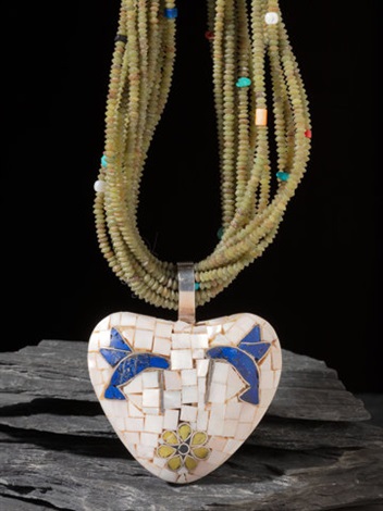 Fourteen-strand Necklace and Reversible Mosaic Inlay Avian Pendant by ...