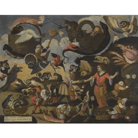 A grotesque scene with animals and dwarfs making music by Master of the ...