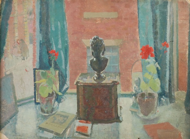 Geraniums and a bronze bust on a window ledge, view of figures through ...
