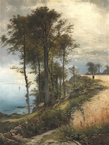 Klipper i en Bygmark. Optrækkende Bygevejr. Motiv fra Allinge paa Bornholm by Carl Frederik ...