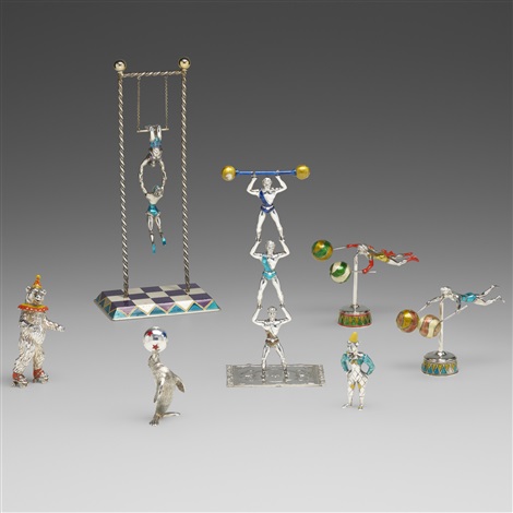 Group of silver and enamel circus figures Acrobats, bear, seal, and ...