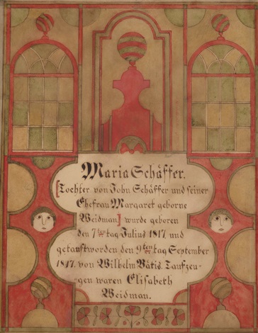 A Baptismal Certificate Fraktur for Maria Schaffer by Samuel Bentz ...