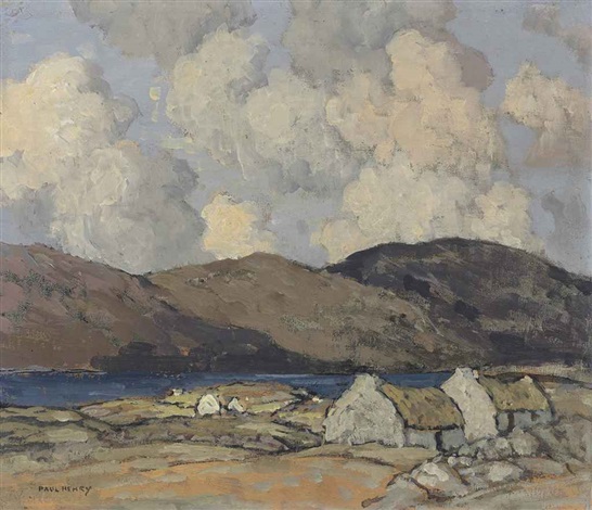 Thatched cottages with mountains beyond by Paul Henry on artnet