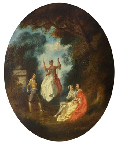 A Romantic tryst in a classical garden with harlequin and other figures ...