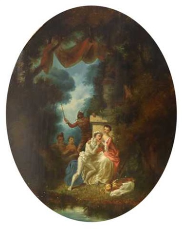 A Romantic tryst in a classical garden with harlequin and other figures ...