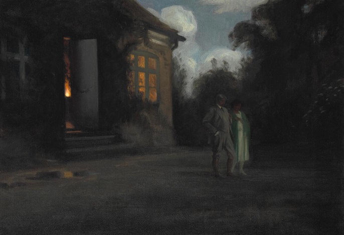 Agnes and Harald Slott-Møller in front of a white manor house at dusk, presumably Bangsbo Manor ...