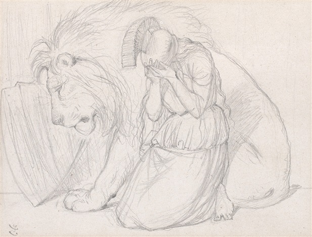 Pencil drawing of a grief-stricken Britannia and a down-cast lion, for ...