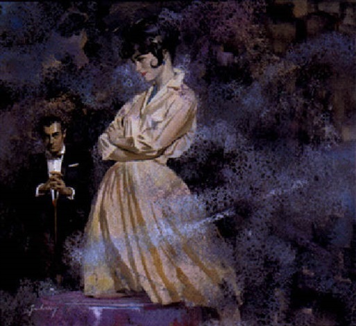 Woman kneeling on hassock, dapper devil in background by Stanley ...