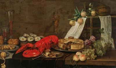 A lobster, oysters, pastry, mixed fruit and filled wine glasses on a by Frans Ykens on artnet
