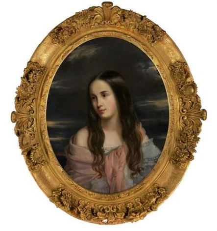 Portrait of a girl, bust-length, wearing a white lace top and pink ...