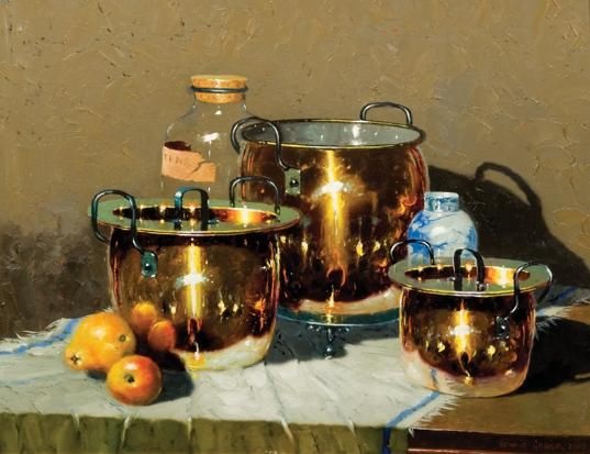 Still life with copper pots, fruit and other vessels by Hennie Griesel ...