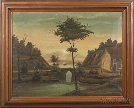 View with mountains, lake, bridge, figures, and cottage by American ...