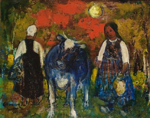 Peasants and a blue cow by Reginald Gammon on artnet