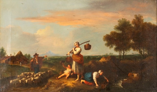 Two Arcadian landscapes with shepherds and peasant women by Giovanni ...
