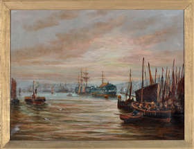 North Shields harbour with HMS Wellesley at anchor in the middle ...