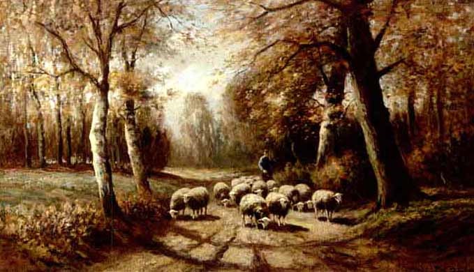 Sheep on a path in a forest by Piet Bouter on artnet