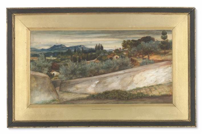 A Tuscan landscape with village and olive grove by John Roddam Spencer ...
