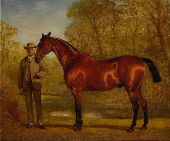 MR. W. JAMES HOLDEN WITH HIS FAVORITE HUNTER IN A LANDSCAPE by Alfred ...