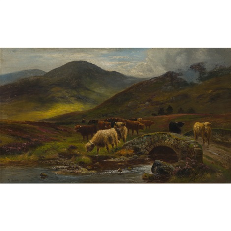 CATTLE WATERING IN A MOUNTAIN GLEN by Daniel Sherrin on artnet