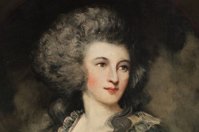 Portrait of a Lady, half-length, wearing a blue dress, with curled ...