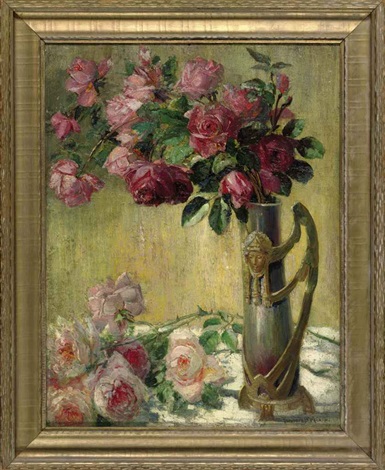 Still life with roses in an ornate vase by Theodore P. Modra on artnet