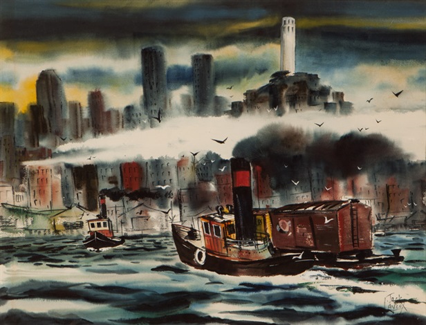 San Francisco harbor with tugboats and view of Coit Tower by William ...