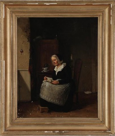 Interior with a woman reading a book by Christian Andreas Schleisner on ...