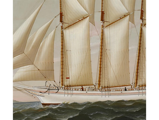The three masted schooner Joseph G. Dean headed out to sea by Charles ...