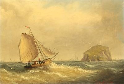 Fishing vessel at a minor rocky island by James W. Bartholomew on artnet