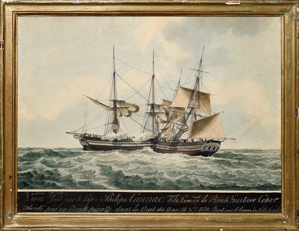 Le Brick Gustave Cesar... 1820 shown under pirate attack. by Antoine ...