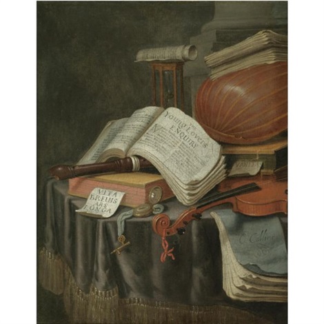 A Vanitas still life with books and manuscripts, a recorder, a lute, a ...