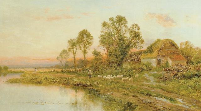 A drover and sheep beside a barn, with ducks by a river in the ...