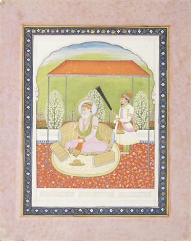 Guru Angad, the second Sikh Guru 1504-52, seated on a terrace beneath a ...