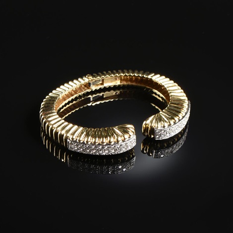 A WANDER FRANCE 18K YELLOW GOLD PLATINUM AND DIAMOND OPEN CUFF BRACELET ...