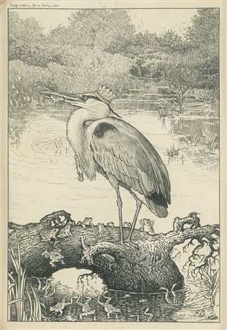 Frogs asking for a king. Illustration for Aesops Fables, New York ...