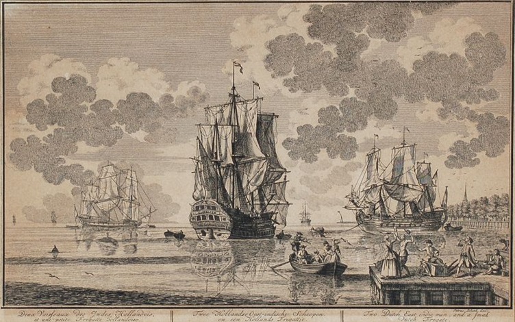 Een Hollands Orlogschip Tree Hollandse Oost-indische Scheepen by Pieter ...