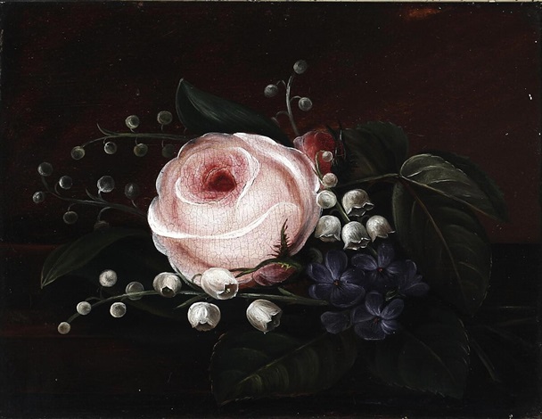 Still life with a pink rose, lily of the valley and violets on a sill ...