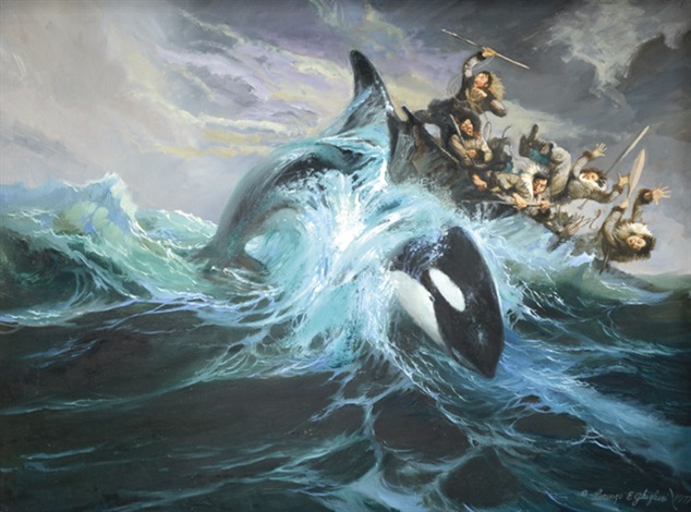 Orca Attack, depicting whale hunting Eskimos being rammed by an orca by ...