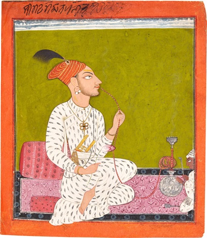 A seated portrait of Raja Medini Pal of Basohli smoking a huqqa, India ...