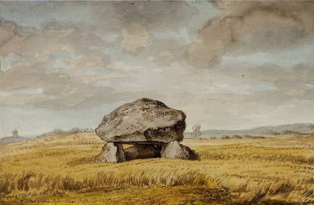 A prehistoric dolmen on a desolate heath, a windmill in the distance by ...