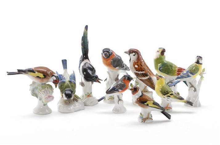 Collection of 10 Meissen porcelain bird figurines decorated in colours ...