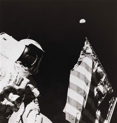 Astronaut Harrison Schmitt with the Earth above the US flag, December 7 ...