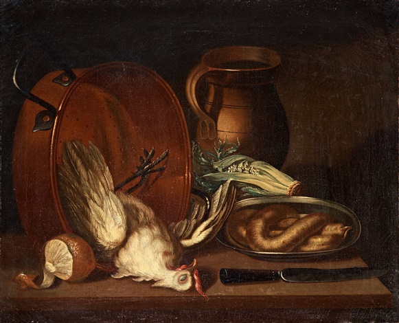 Still life with a hen, sausage, vegetables and utensils by Lars Henning ...