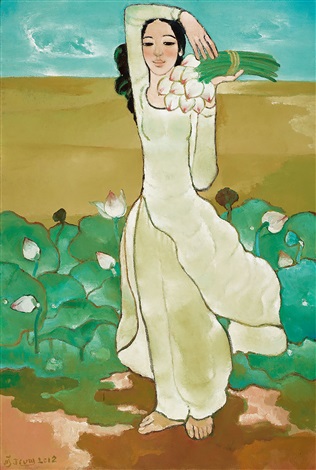 LADY GATHERING LOTUS FLOWERS by Nguyen Trung on artnet